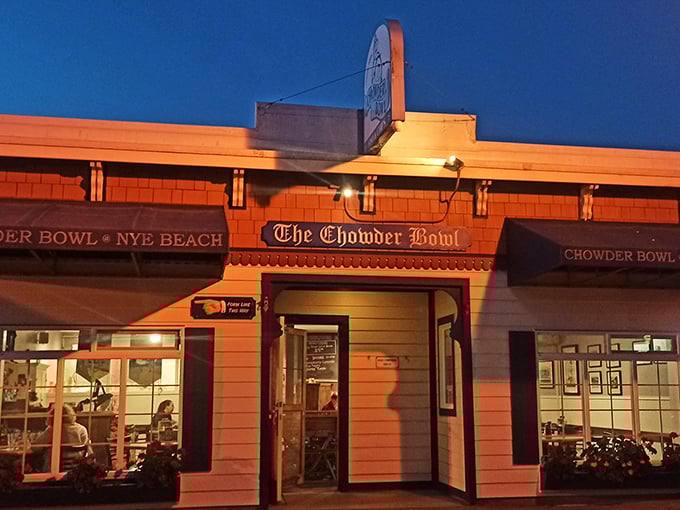 As the sun sets, the Chowder Bowl transforms into a cozy beacon of warmth. Nighttime is the right time for comfort food.