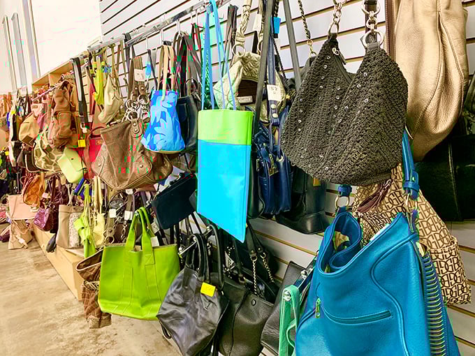 Handbag heaven! Designer lookalikes and genuine finds dangle temptingly, promising to be your next favorite accessory at a fraction of retail.