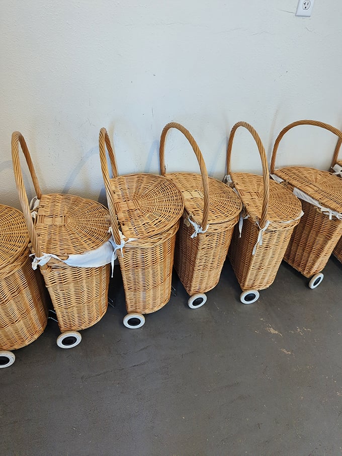 Wicker baskets with wheels – the shopping carts of yesteryear, ready to roll through farmers markets that exist only in nostalgic memories.