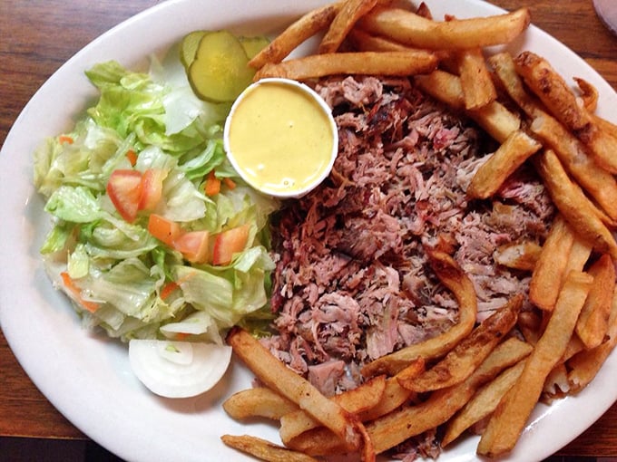 This isn't just a barbecue plate—it's a love letter to slow-smoking traditions with tender pulled pork, crispy fries, and fresh salad.
