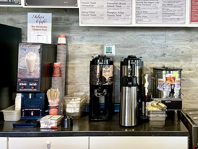 Where the coffee flows freely and the morning conversations begin – Ida's beverage station stands ready for Lancaster's caffeine commandos.