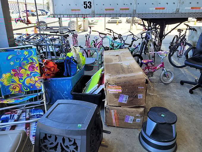 The outdoor section resembles a yard sale curated by someone with impeccable taste for the practical, whimsical, and everything between.