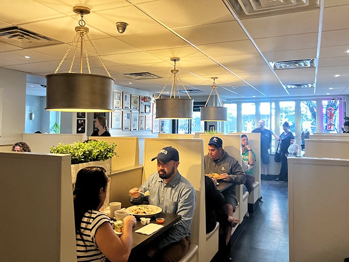 Modern lighting fixtures and comfortable booths create the perfect setting for everything from business breakfasts to weekend family gatherings.