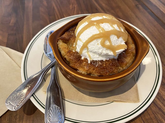 Bread pudding that whispers "you deserve this" after your seafood feast. That caramel sauce and ice cream aren't suggestions—they're requirements.