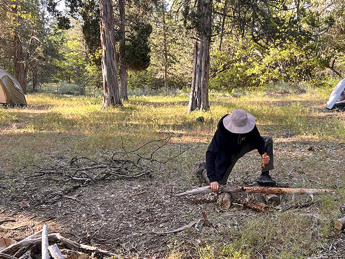 Campfire preparation becomes meditation when surrounded by ponderosa pines and the knowledge that marshmallows will soon meet flame.