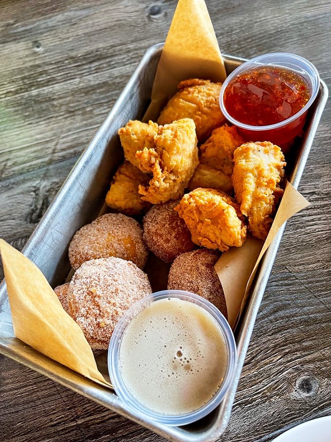 This basket of joy contains chicken nuggets and cinnamon-sugar donut holes—proof that someone in the kitchen understands your inner child.