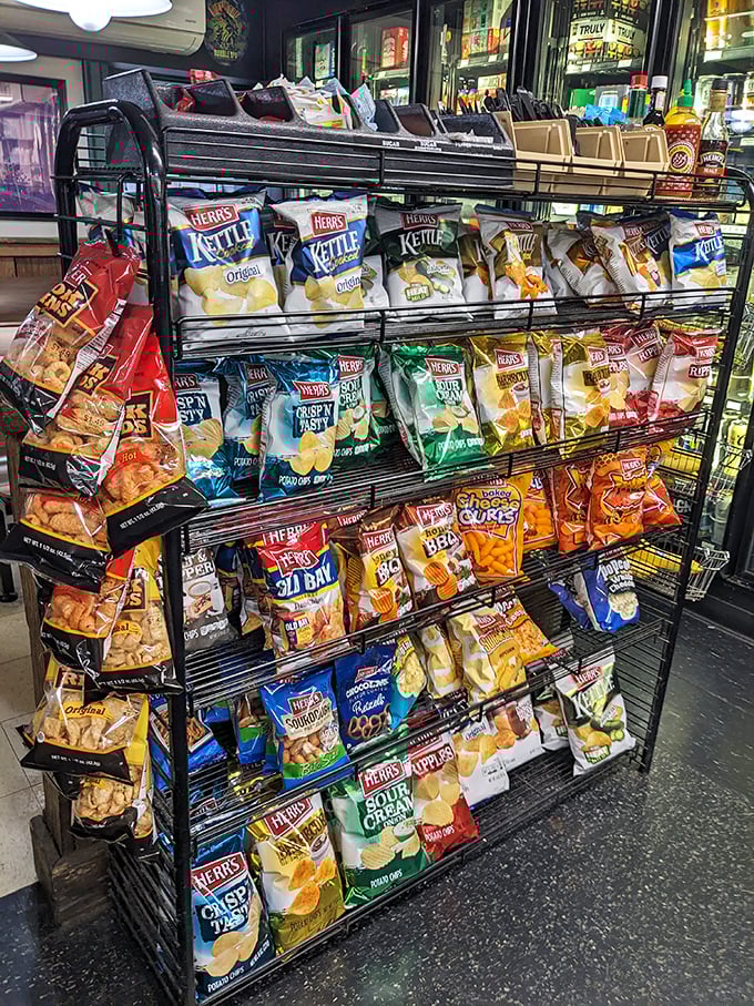A chip selection that rivals most convenience stores – because sometimes you need a crunchy companion for the road.