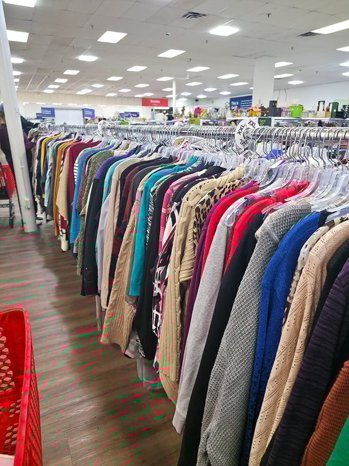 The clothing aisles: where vintage, barely-worn, and "what were they thinking?" hang together in democratic fashion harmony.