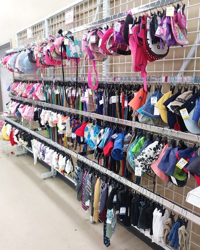 The accessories wall—where purses, hats, and scarves of every imaginable hue create a tapestry of style possibilities for pennies on the dollar.