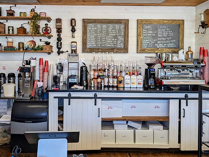 Not just a coffee station—it's a laboratory where caffeine scientists work their magic alongside vintage coffee grinders that remember simpler times.