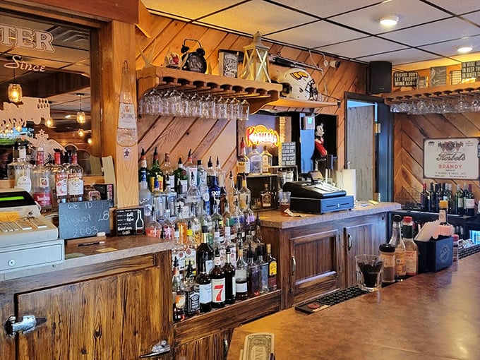 The bar area showcases an impressive array of spirits—because in Wisconsin, the Old Fashioned is less a cocktail and more a cultural institution.