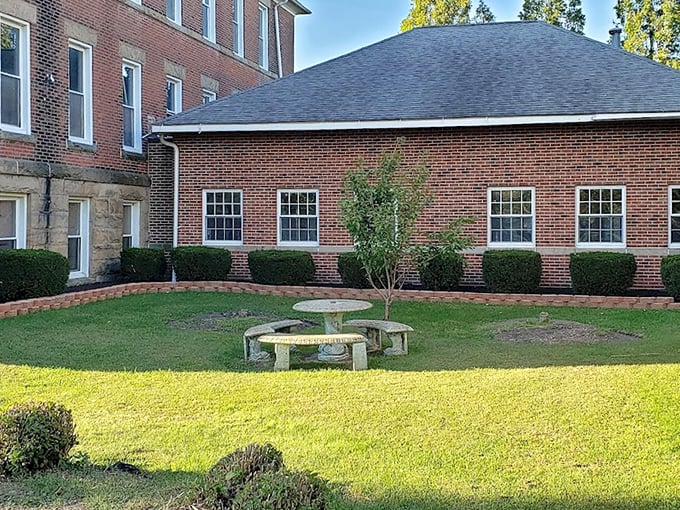 A peaceful courtyard with stone benches offers a moment of reflection – perhaps too much reflection for those sensitive to paranormal energy.