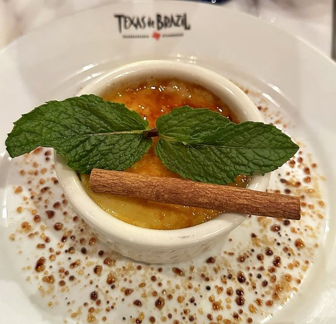 Crème brûlée gets a Brazilian makeover with cinnamon and mint. The caramelized top waits to be cracked like a delicious puzzle.