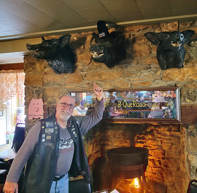 When taxidermy meets barbecue: these wild boar heads aren't just decoration – they're a reminder of where great barbecue begins.