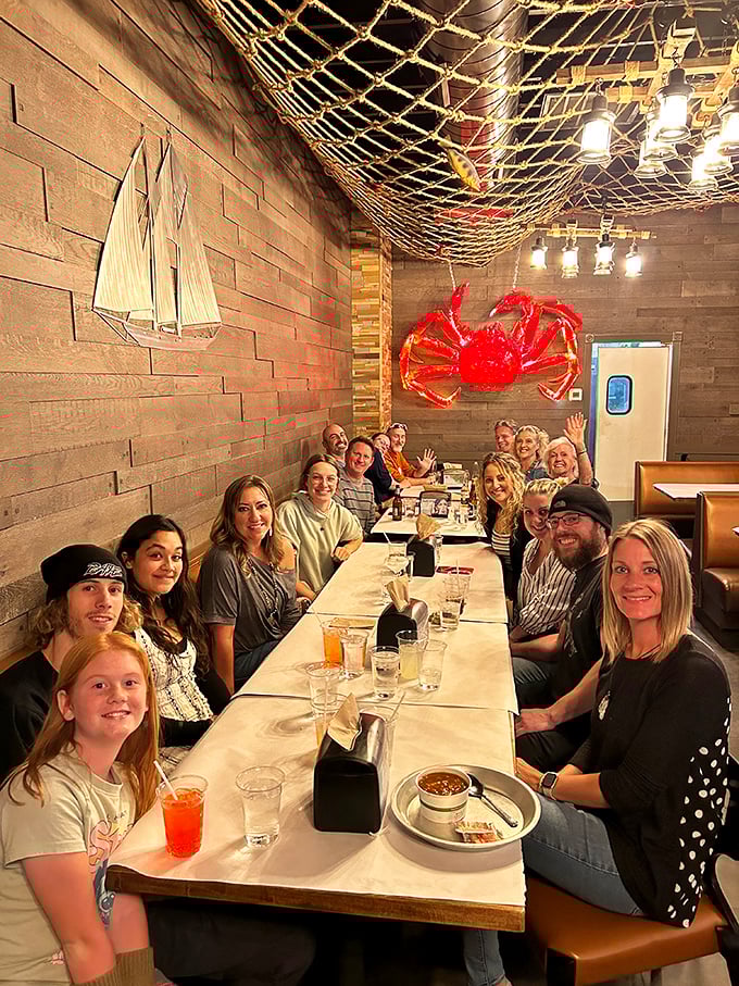 The true measure of a great restaurant: tables filled with happy people making memories over mountains of seafood.