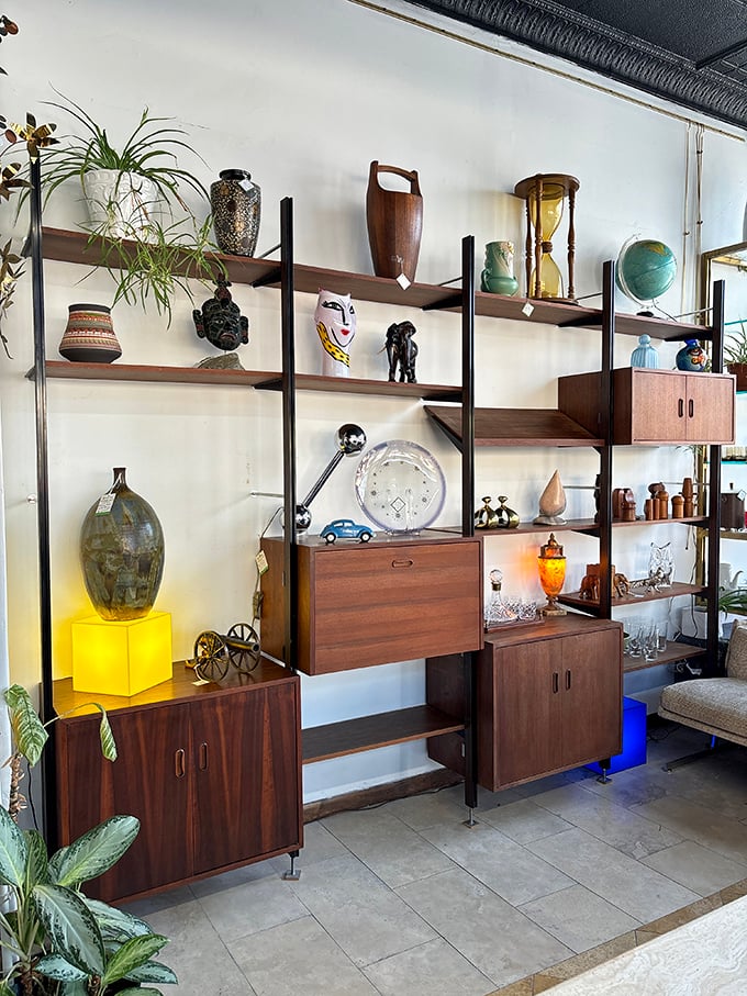 This modular wall unit showcases the brilliant versatility of mid-century design—equal parts storage solution and artistic display space.