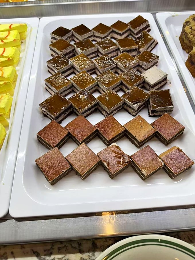 Dessert squares lined up with military precision. These two-tone treats stand ready for your sweet tooth's inspection – resistance is futile.