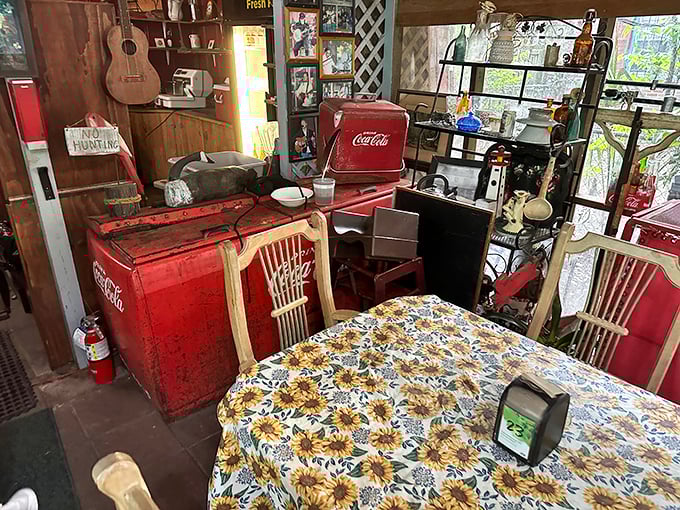 Vintage Coca-Cola coolers and sunflower tablecloths create a time capsule of Southern hospitality. This isn't manufactured nostalgia—it's the real deal.