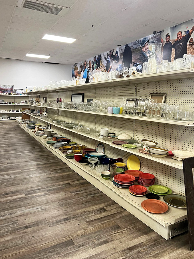 The dishware aisle offers everything from everyday plates to "company's coming" crystal—each piece awaiting its next dinner party debut.