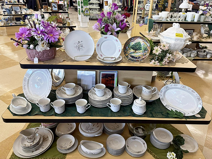Complete dish sets waiting for their dinner party debut. Your grandmother would approve of these floral patterns.