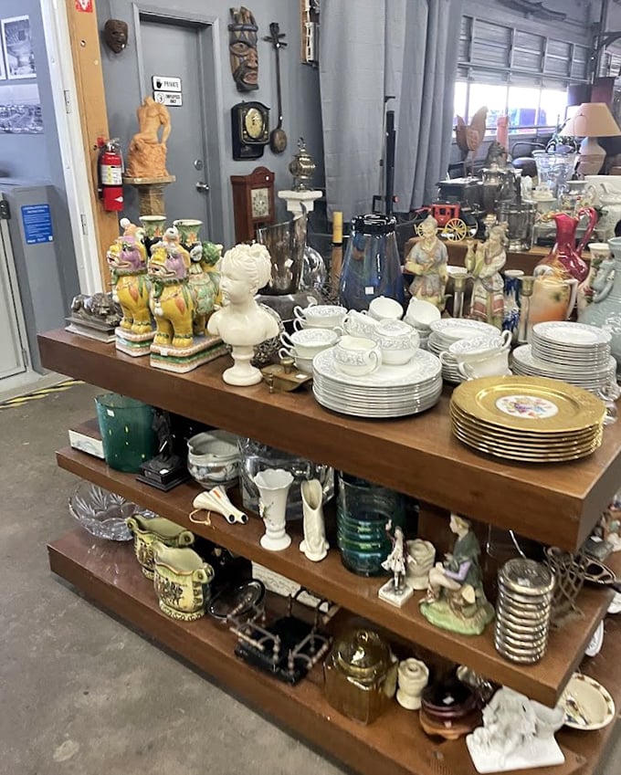 Figurines and fine china create a still life of America's collective past. Those gold-rimmed plates cost pennies compared to their modern reproductions.