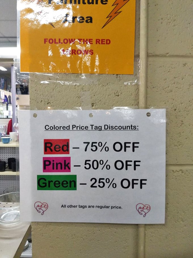 The colored tag system – thrift store veterans know this is the key to unlocking the deepest discounts in this treasure cave.