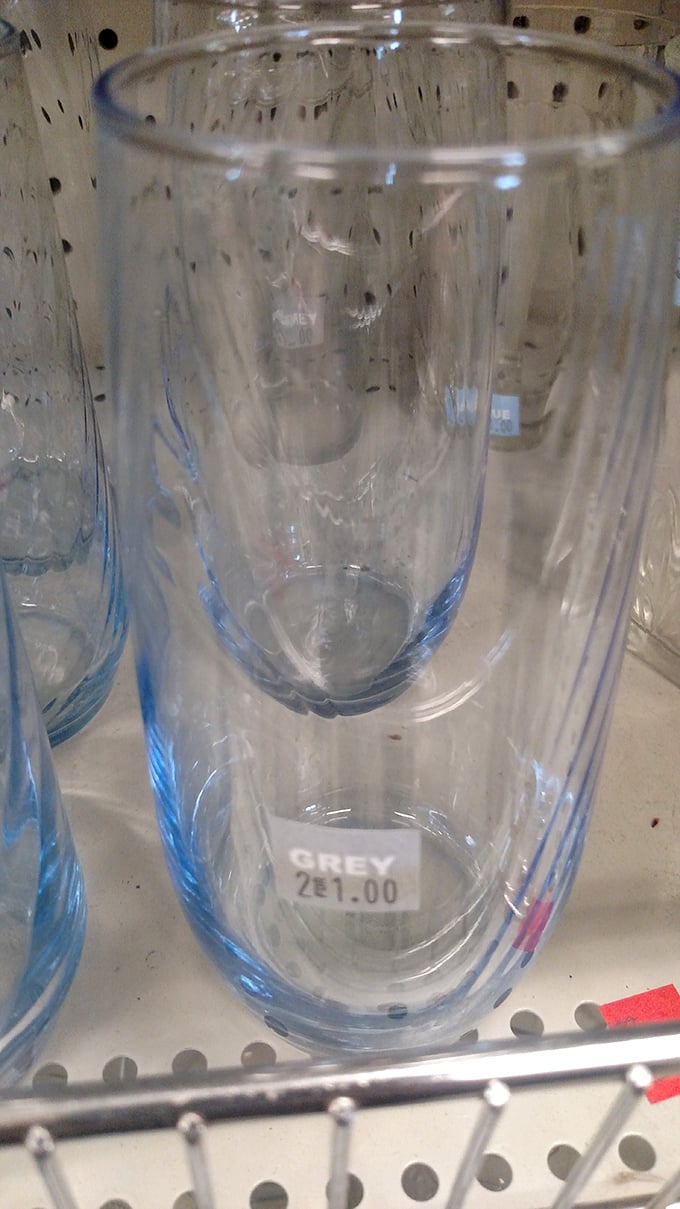 A simple blue-tinted glass for just $1.00—ready to hold everything from iced tea to something stronger after a long day of thrift hunting.