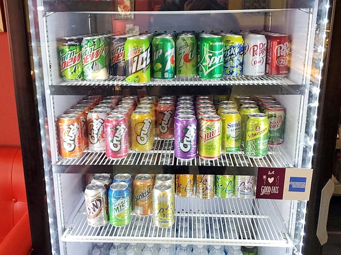 The beverage cooler offers colorful cans of liquid refreshment, standing by like faithful sidekicks to the main attraction—the food.