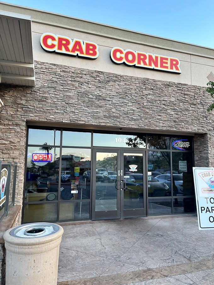 The stone facade says "casual dining," but the red sign promises "serious seafood." Some of life's best promises come in red neon.