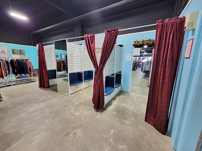 The fitting room area: where fashion dreams are made, broken, and occasionally squeezed into with optimistic determination.