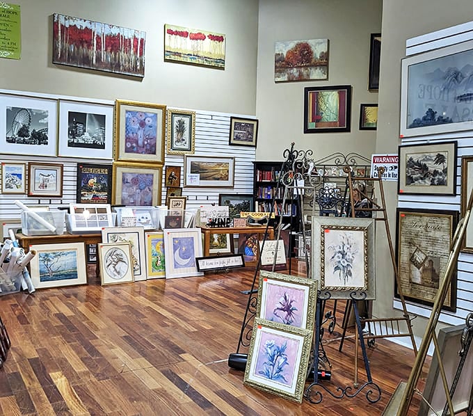 The art section offers framed possibilities for every blank wall. From landscapes to abstracts, someone's discarded decor becomes your conversation piece.