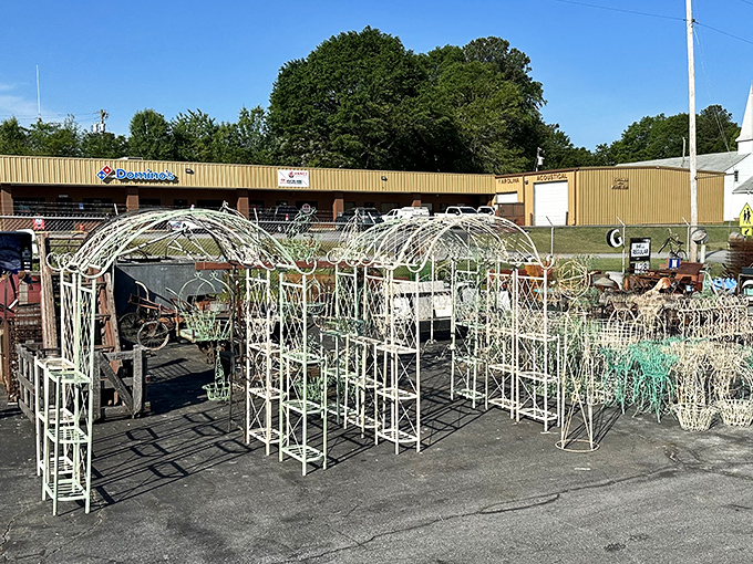 Garden treasures await outdoor enthusiasts—these white metal arbors and furniture pieces promise to transform any backyard into a Southern sanctuary.