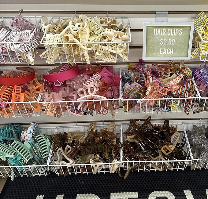 Hair accessories in every hue create a rainbow of possibilities for under three dollars—the ultimate low-commitment style upgrade.