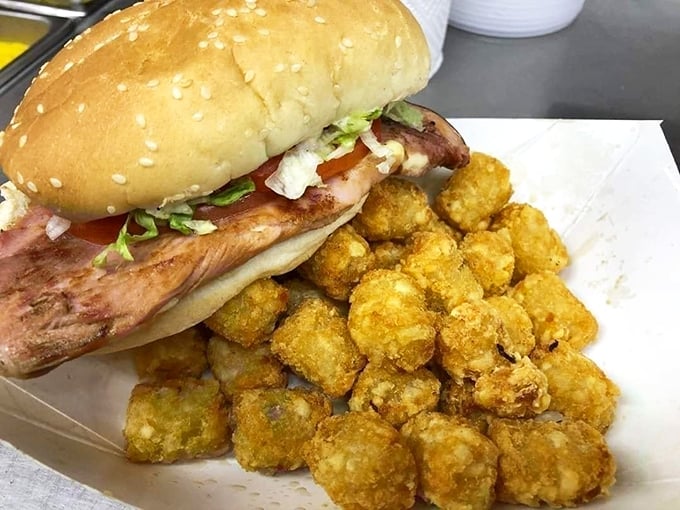 A sandwich that requires strategic planning to eat – where every bite is a perfect balance of savory meat, fresh toppings, and those addictive golden nuggets.
