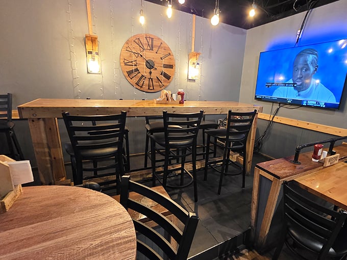 High-top seating perfect for casual gatherings. That rustic clock on the wall suggests you should take your time – good food deserves your full attention.