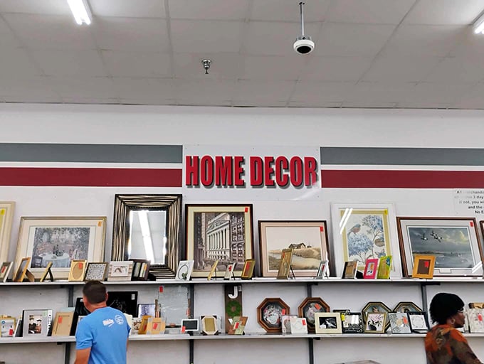The home décor section offers framed windows into other lives. That pastoral scene might be perfect above your couch—or delightfully tacky. Either way, it's coming home.