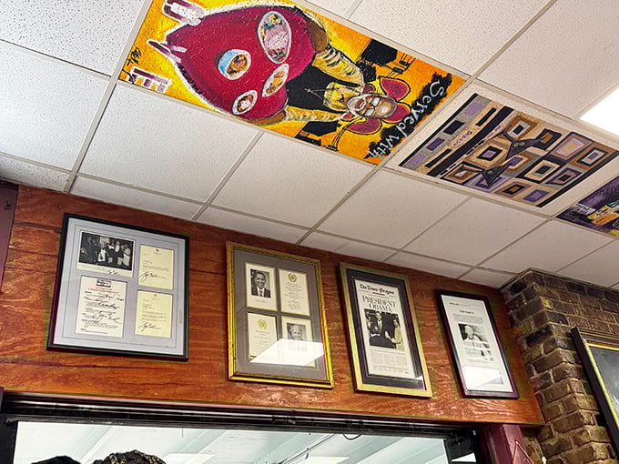 Look up! Those painted ceiling tiles and framed memorabilia tell stories of New Orleans culture while you feast below.