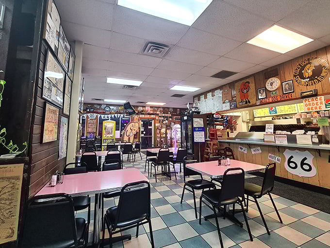 Pink tables, wood paneling, and Route 66 memorabilia – the holy trinity of authentic American diners.