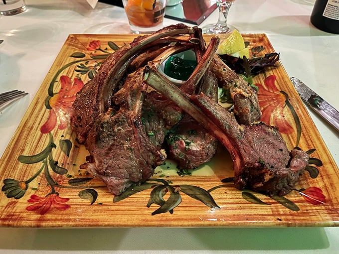 Lamb chops arranged like a meaty crown—a dish so regal it deserves its own noble title and small principality.