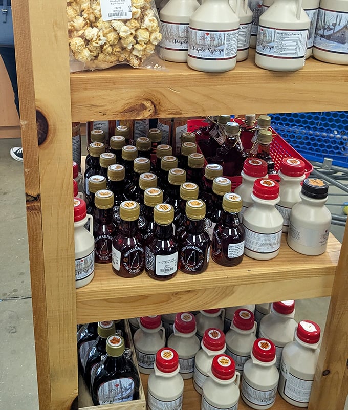 Even local food products find their way to Goodwill shelves. New Hampshire maple syrup—liquid gold that makes pancakes weep with joy.