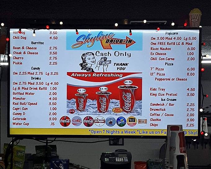 The menu board showcases drive-in classics at prices that won't require a Hollywood salary to enjoy.