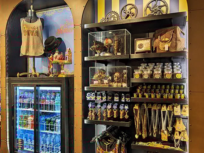 The merchandise area doesn't just sell souvenirs—it sells the dream of taking home a piece of this fantastical world. That tank top says "chocolate diva" in all of us.