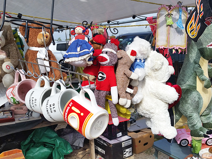 The island of misfit toys meets coffee culture—where sock monkeys and novelty mugs find new homes together. Childhood nostalgia by the cupful.