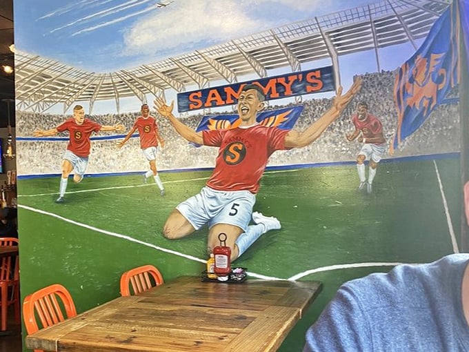 A soccer-themed mural that celebrates Cincinnati's growing love affair with the beautiful game – and beautiful burgers.