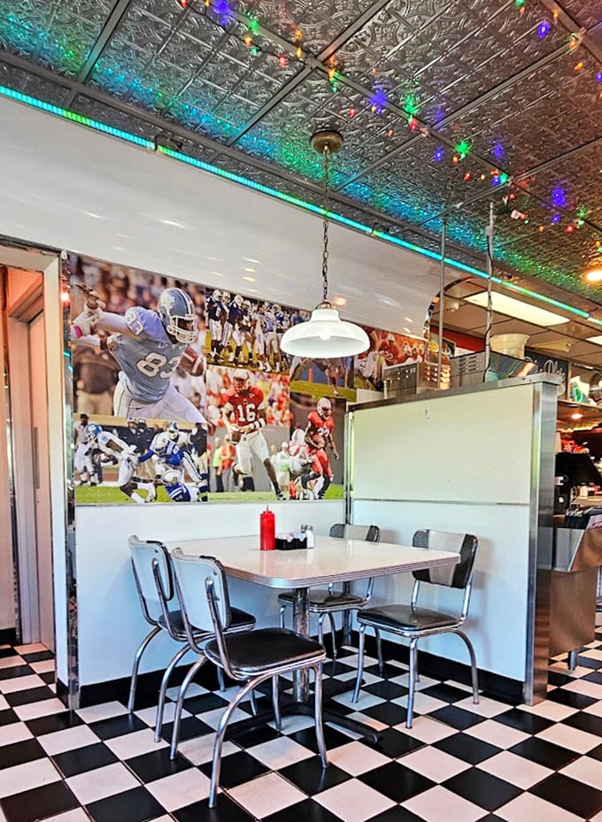 Sports memorabilia watches over diners like patron saints of leisure, blessing your meal with local team spirit.
