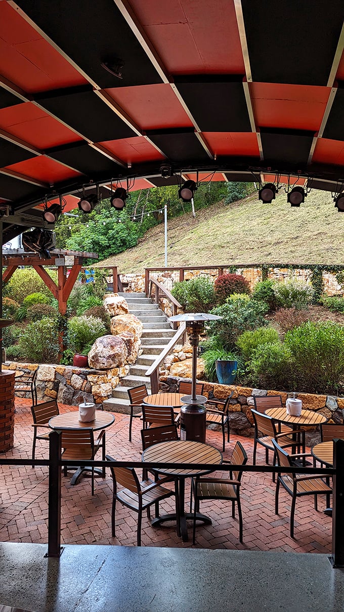 The outdoor patio nestled against Calistoga's hillside offers a serene setting to contemplate the profound relationship between smoke and meat.