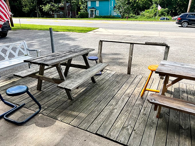 These weathered picnic tables have hosted countless summer lunches, first dates, and family outings—each plank telling its own delicious story.