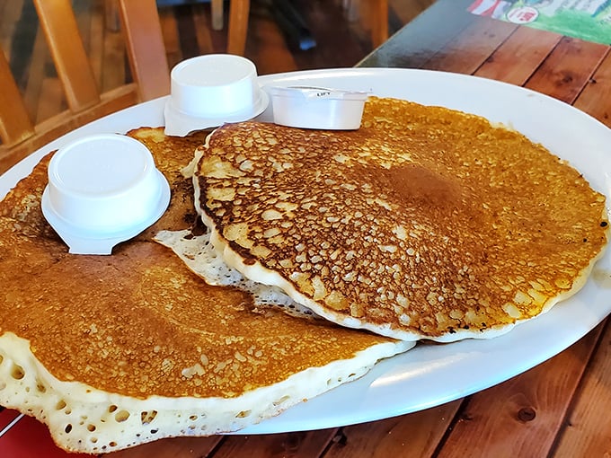 These pancakes don't just hang over the edge of the plate—they're staging a full-blown rebellion against sensible portion sizes.