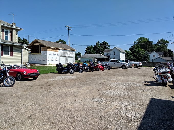 The parking lot tells its own story – motorcycles, cars, and trucks sharing space just like the diverse crowd inside sharing good food.