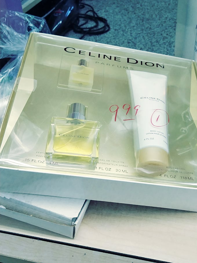 Celine Dion's fragrance set sits pretty at $9.99, proving that even celebrity scents get second chances at thrift store prices.